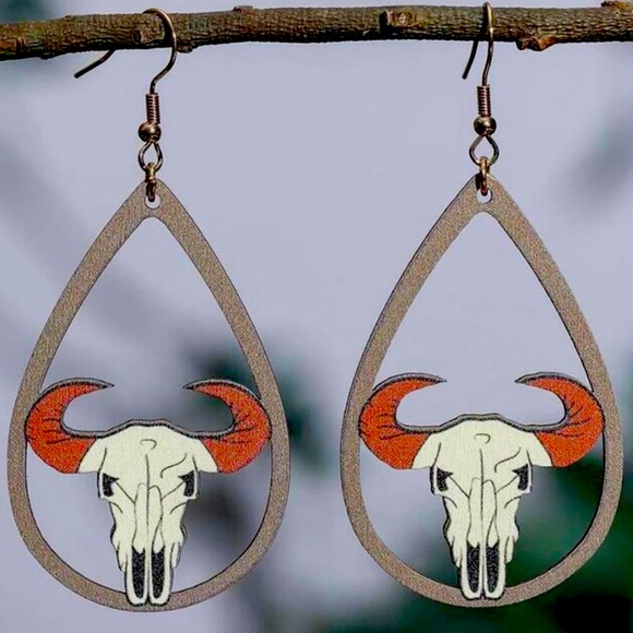 Jewelry | Longhorn Wood Skull Steer Cattle Cow Cutout Teardrop Western ...